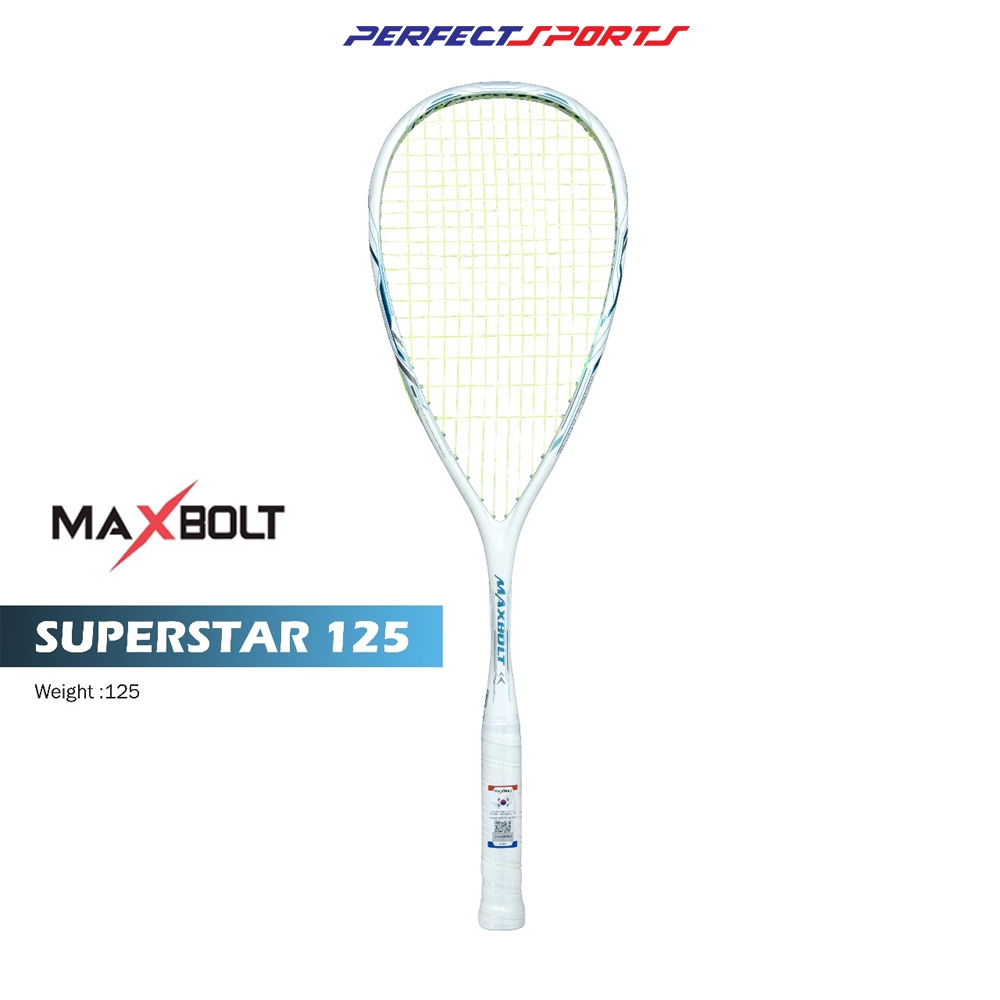 [Free String + Grip] MAXBOLT SUPERSTAR 125 WHITE/BLUE SQUASH RACKET